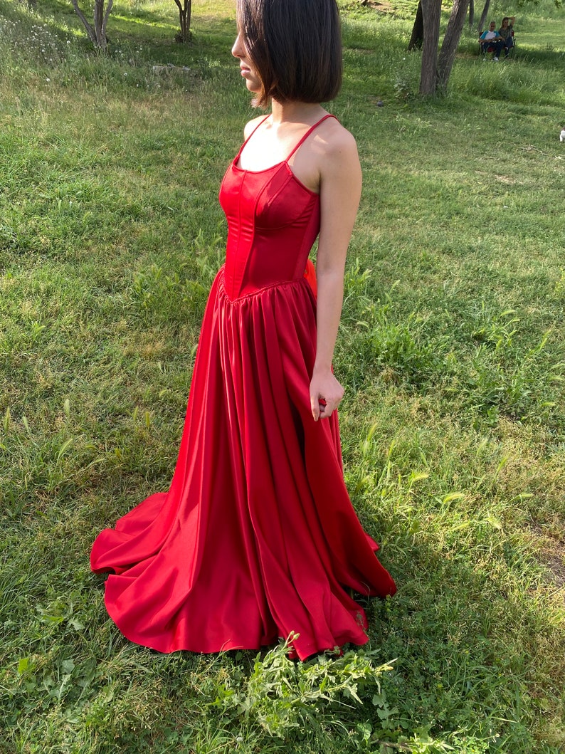 Red Satin Long Slit Corset Dress /red Strappy Corset Dress - Etsy