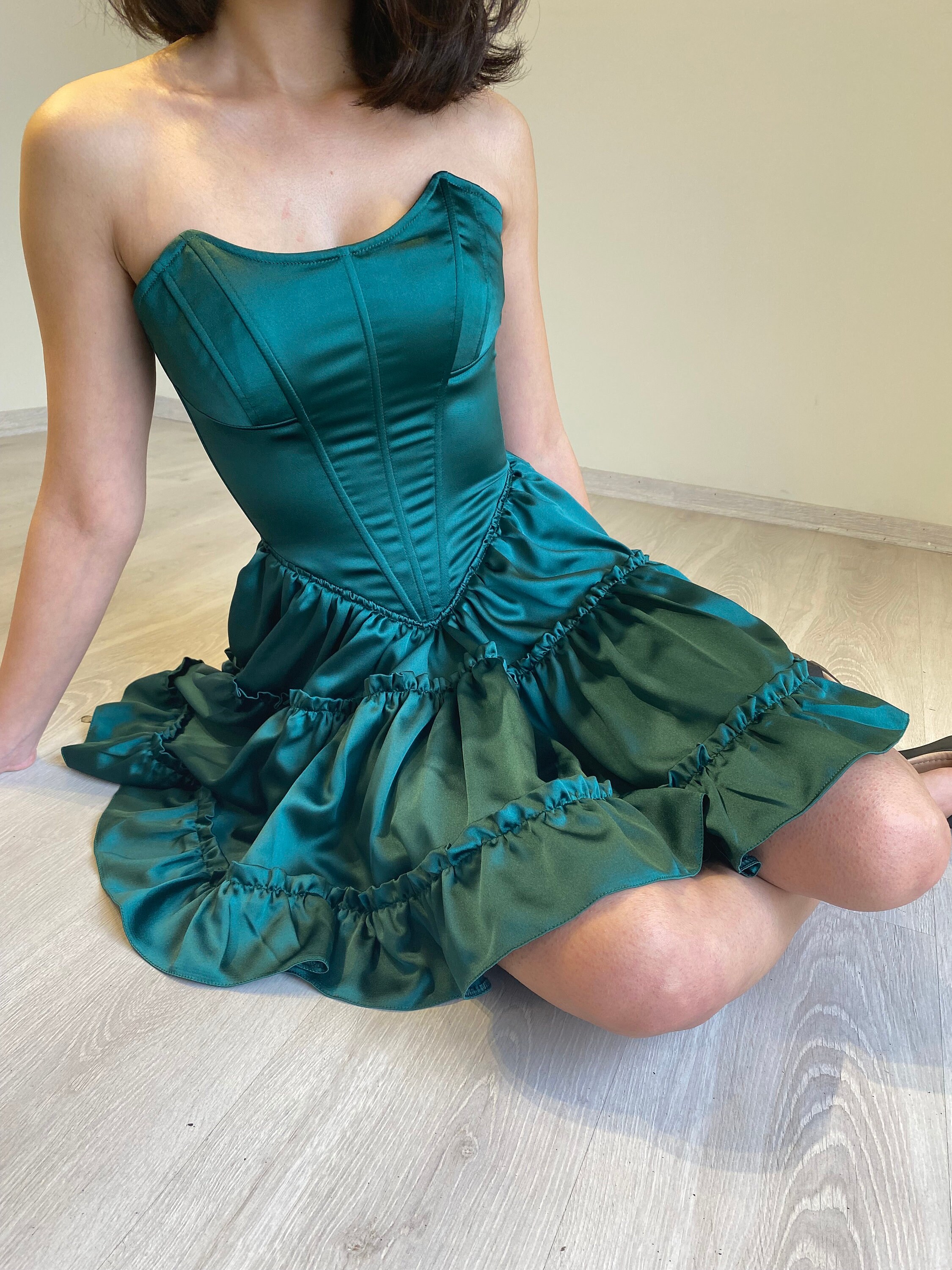 Emerald Green Satin Ruffle Bodice Dress /emerald Green Short - Etsy