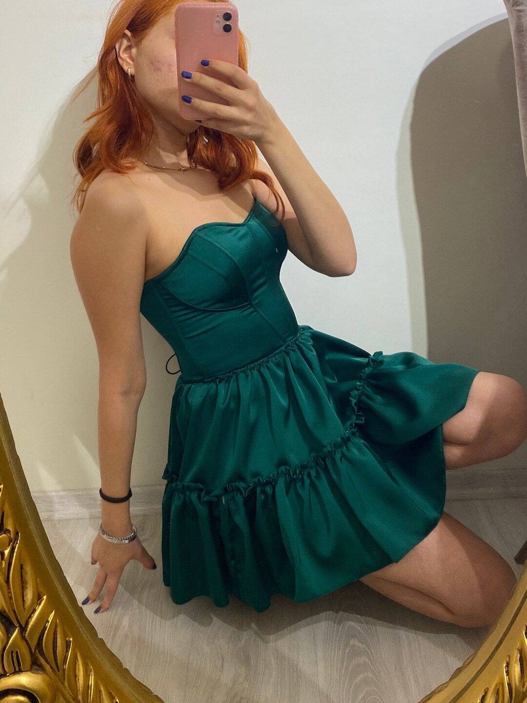 Emerald Green Satin Ruffle Bodice Dress /emerald Green Short Skirt ...