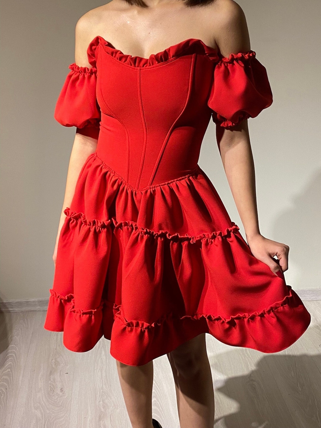 Red Crepe Balloon Sleeve Corse Dress/ Red Ruffled Dress. /red Strapless ...