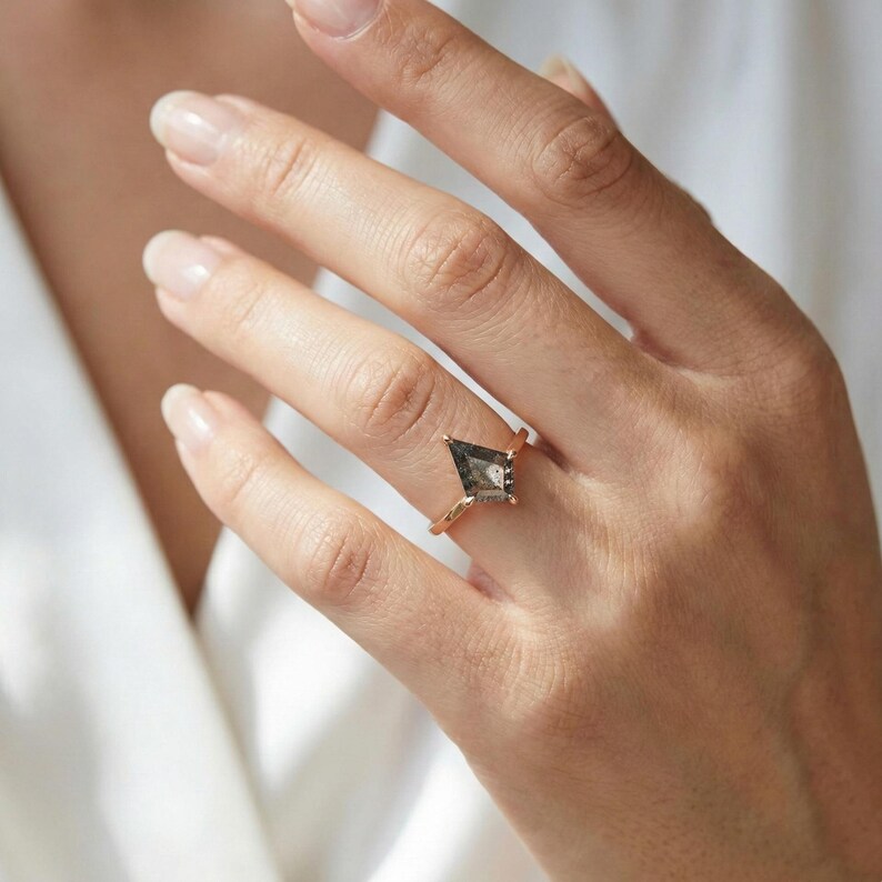 Kite Shape Salt & Pepper Diamond Engagement Ring | Handmade Geometric ...