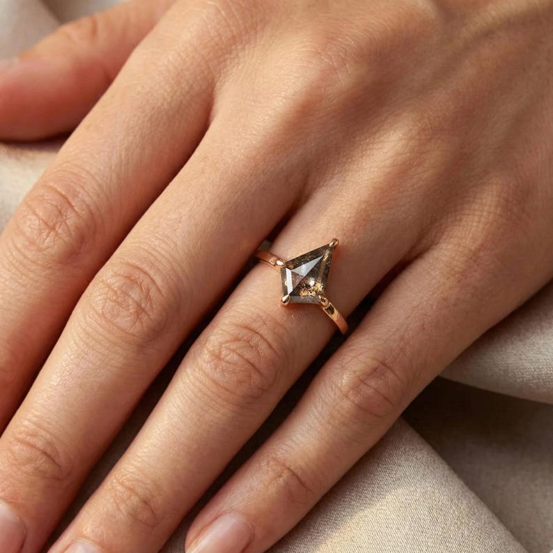 Kite Shape Salt & Pepper Diamond Engagement Ring | Handmade Geometric ...