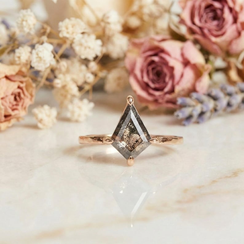Kite Shape Salt & Pepper Diamond Engagement Ring | Handmade Geometric ...