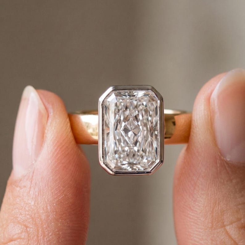 Radiant Cut Solitaire Diamond Ring, Bezel Set Two-tone Gold Engagement ...