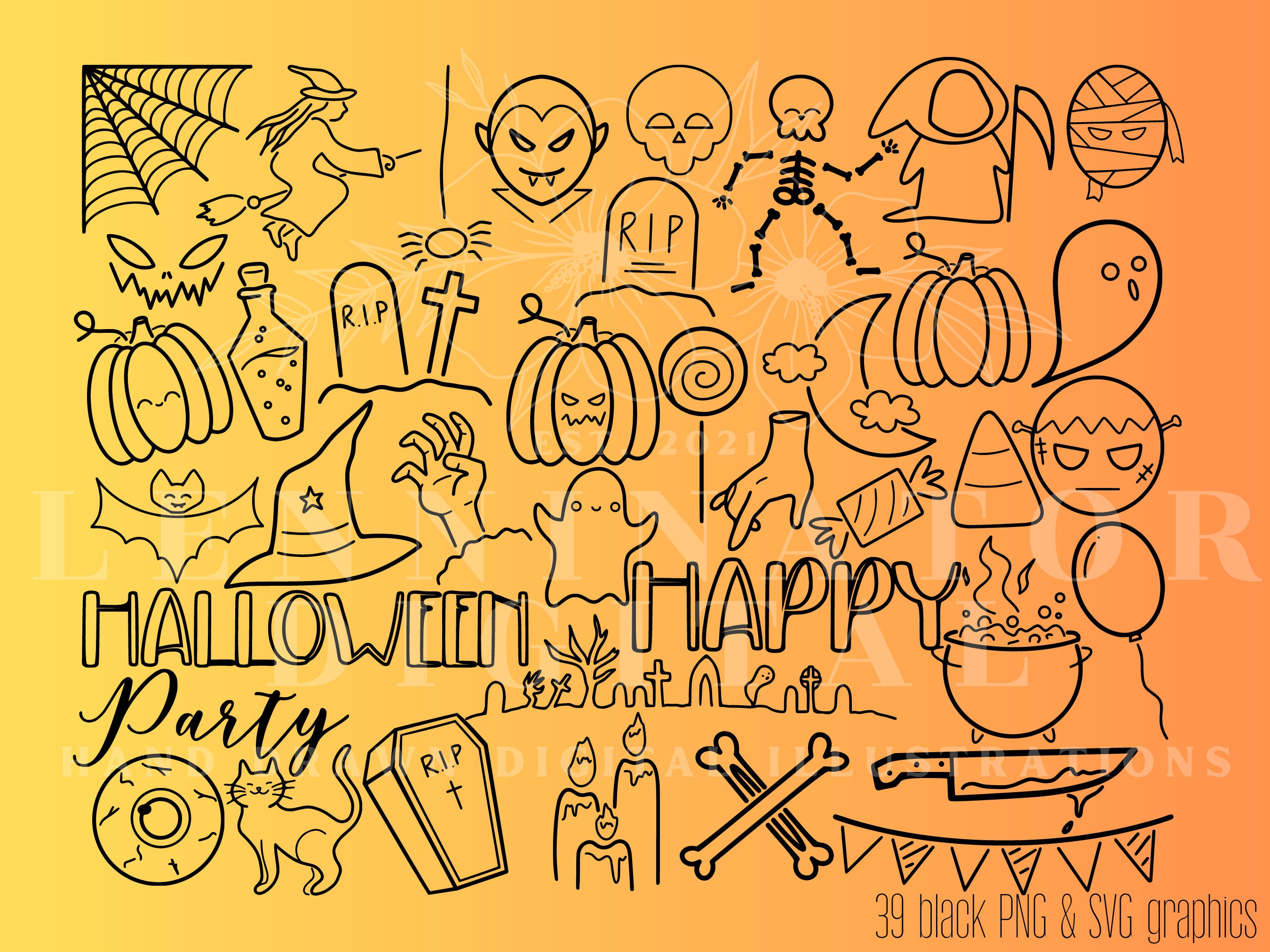 Halloween PNG SVG Doodle Clipart Set, Simple Black and White Halloween ...