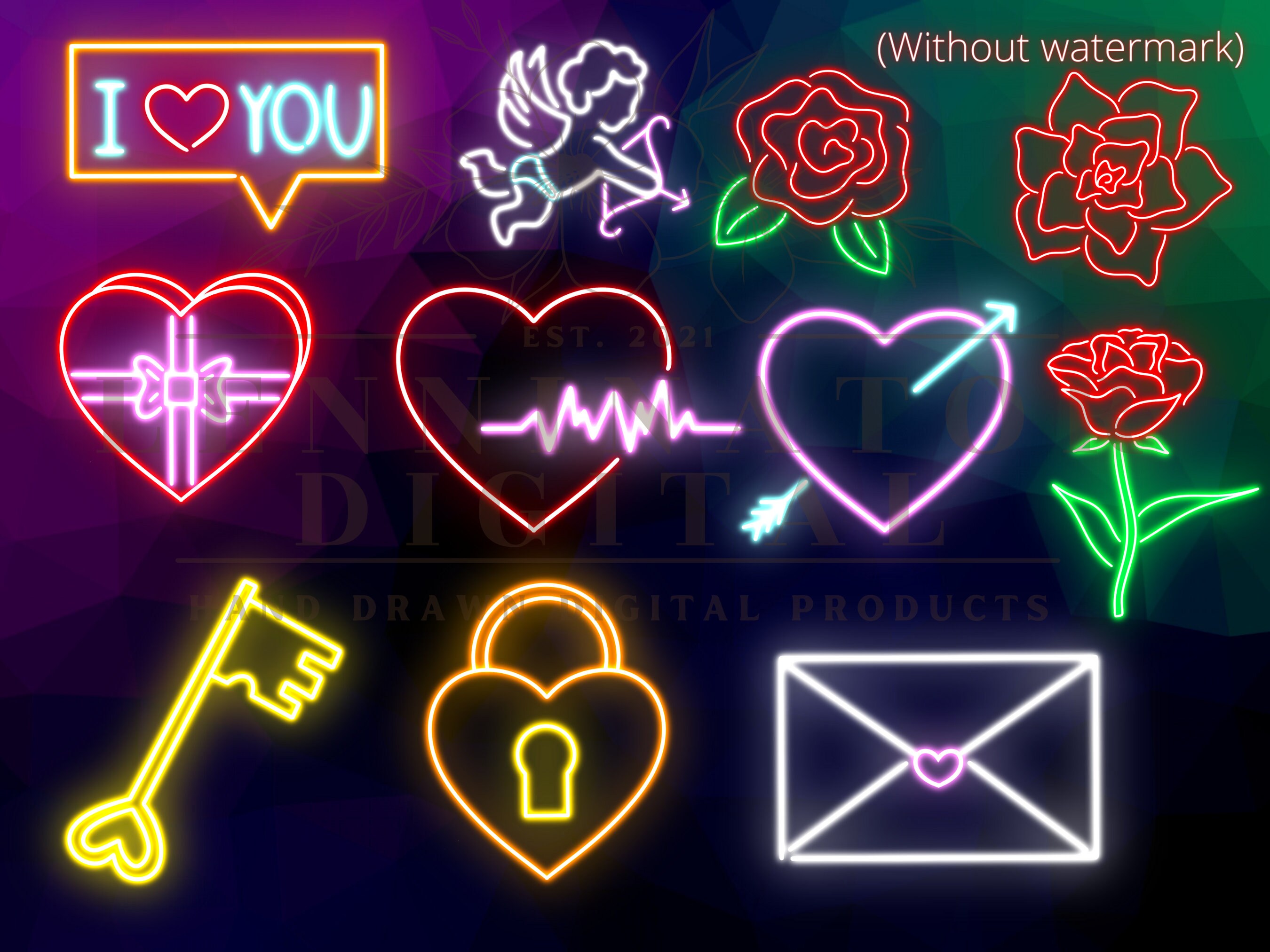 Neon Love Clipart Bundle, Glowing Wedding PNG Graphics, Neon Valentine ...