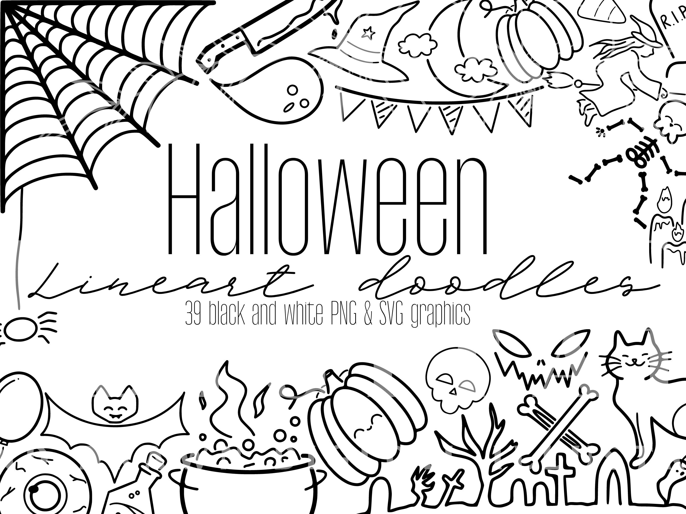 Halloween PNG SVG Doodle Clipart Set Simple Black and White - Etsy