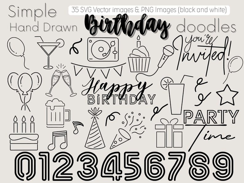 Happy Birthday Doodle SVG PNG Clipart Bundle Simple Black - Etsy