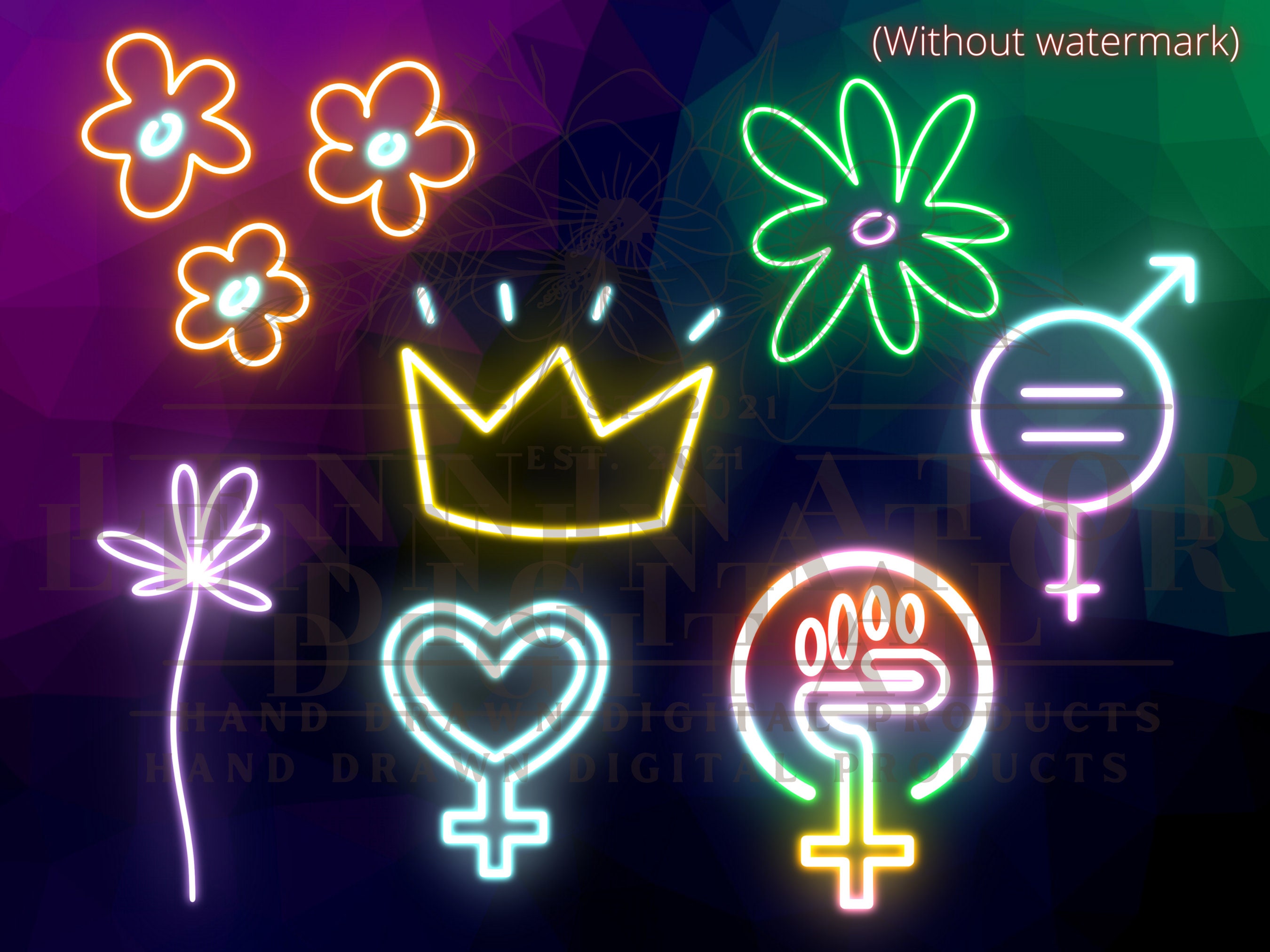 Neon Girl Clipart Bundle, PNG Feminism Digital Sticker, Glowing Girly ...