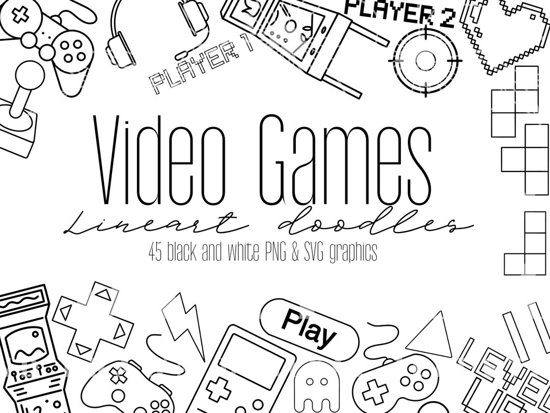Retro Video Games Doodle SVG PNG Clipart Bundle | Simple Black and ...