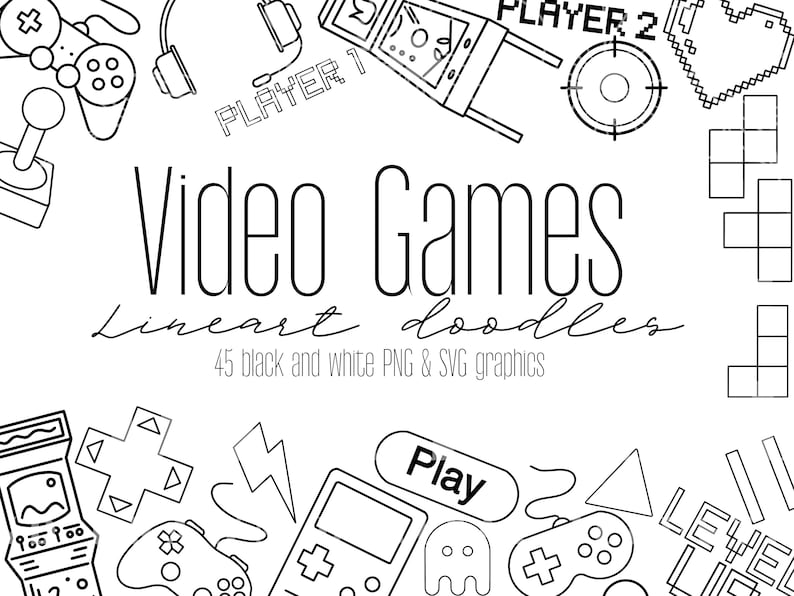 Retro Video Games Doodle SVG PNG Clipart Bundle | Simple Black and ...