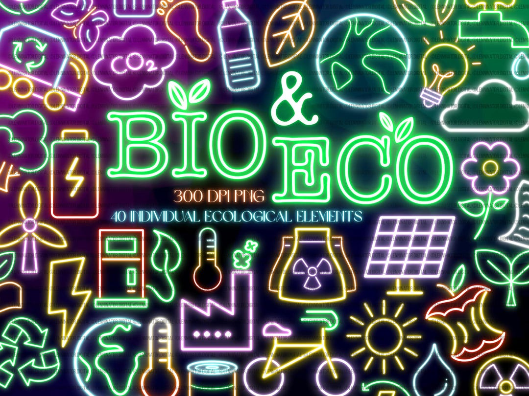 Neon Ecological Clipart: Glowing Eco-friendly PNG Graphics (digital ...