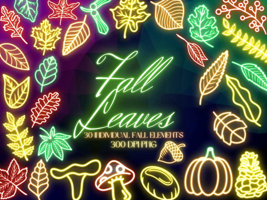 Neon Fall Leaves Clipart - Hand Drawn Glowing PNG Forest Leaf Digital ...