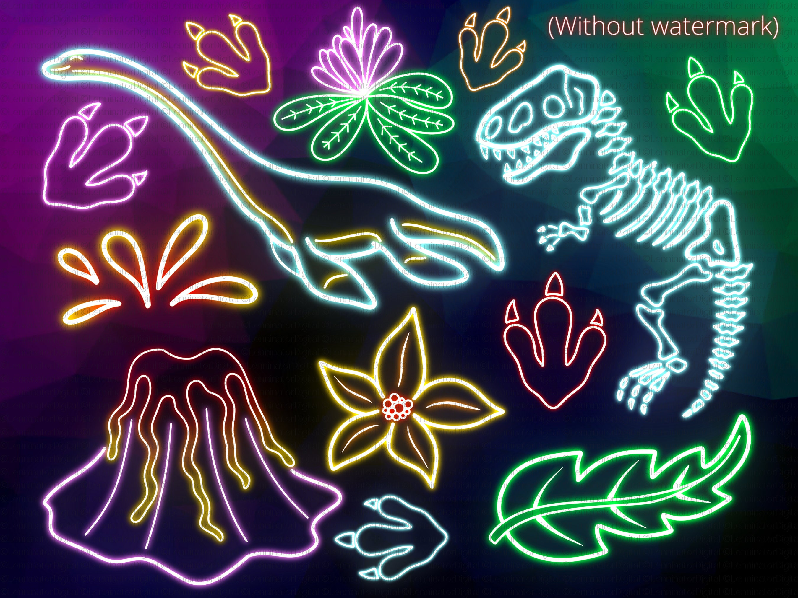 Neon Dinosaur Clipart PNG - Jurassic Dino Doodle Stickers - Glowing ...