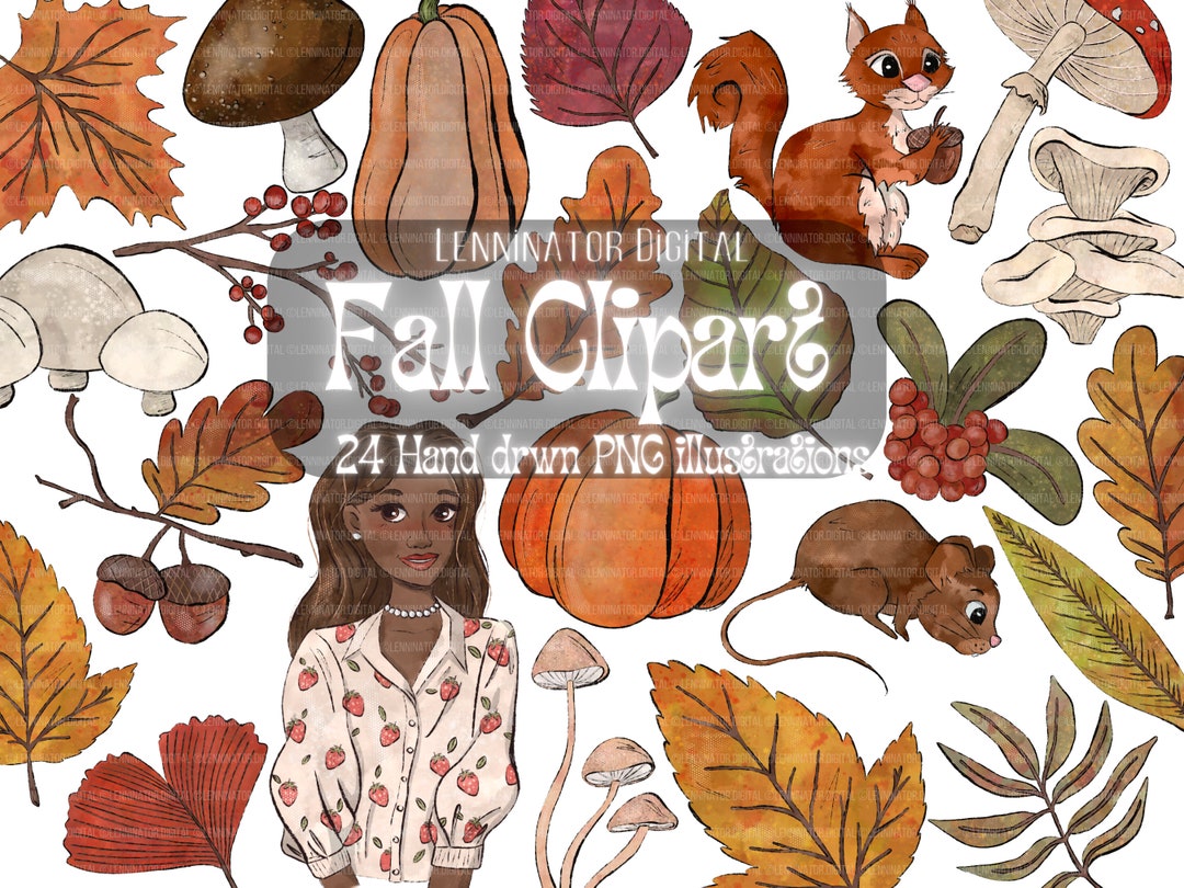 Fall Forest Watercolor PNG Clipart Set, Autumn Leaves and Mushrooms ...