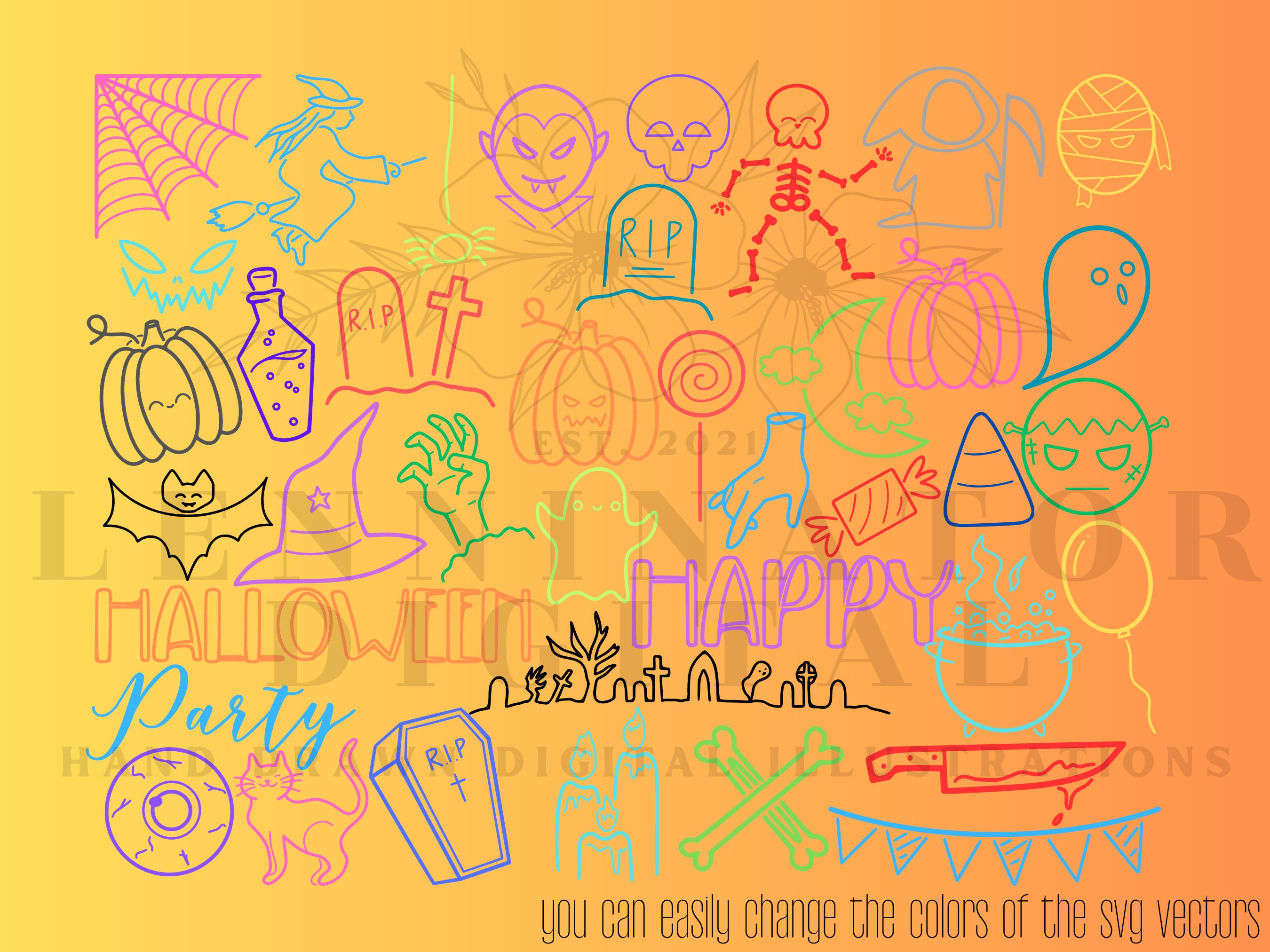 Halloween PNG SVG Doodle Clipart Set, Simple Black and White Halloween ...