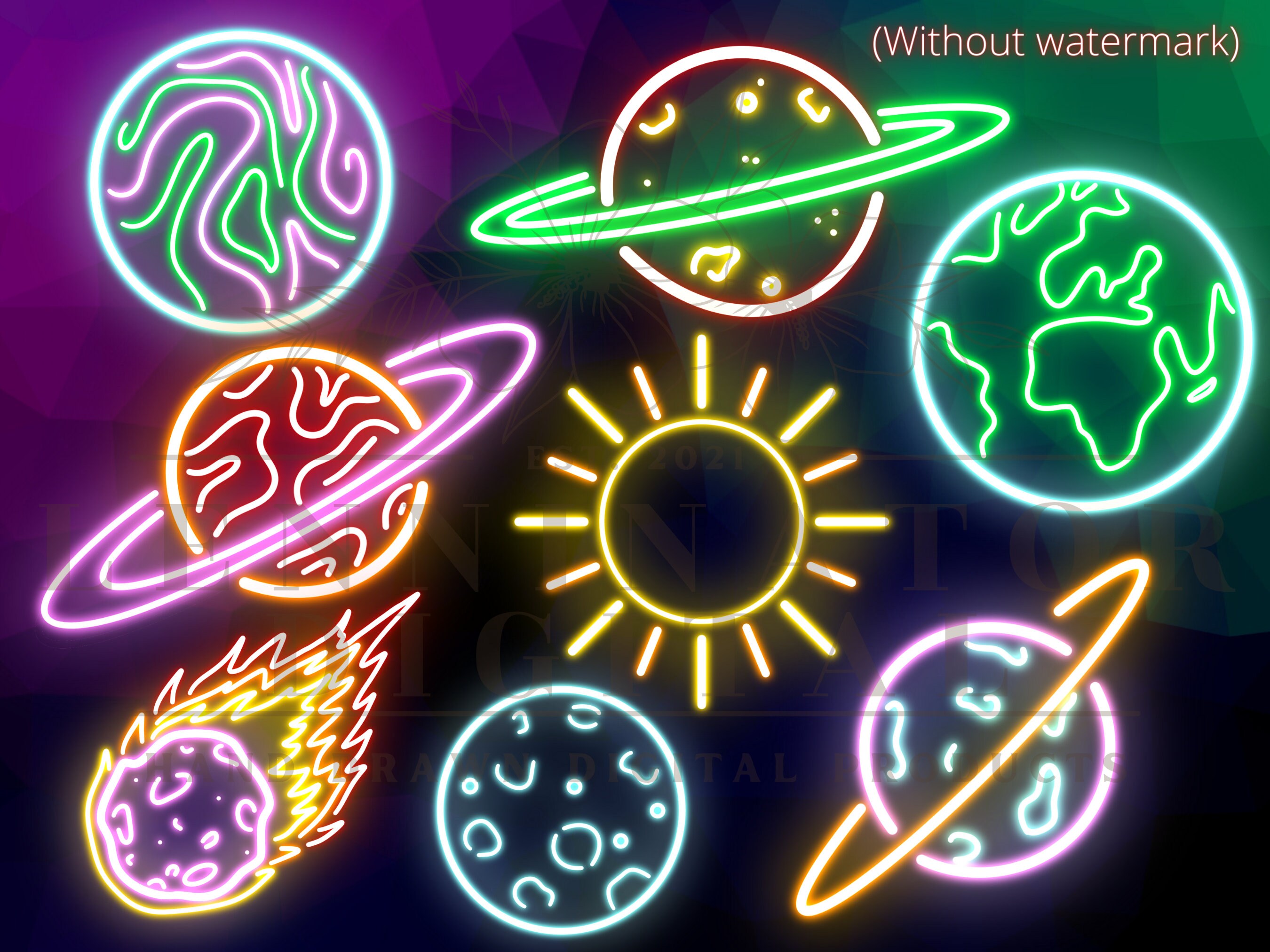 Neon Space Clipart Bundle, Glowing Galaxy PNG Doodles, Celestial ...