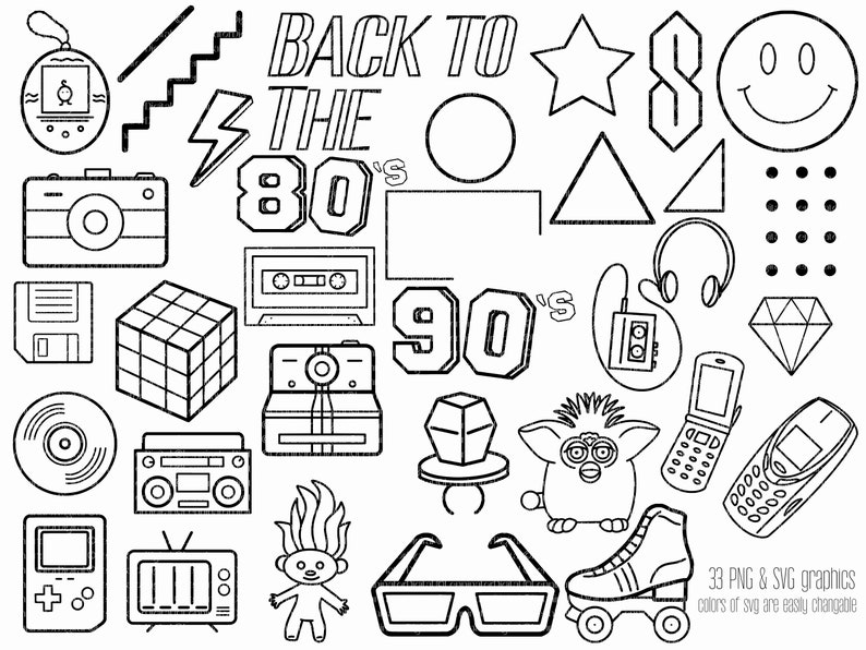 Vintage Retro Doodles Clipart - SVG PNG 80s 90s Outline Illustration ...