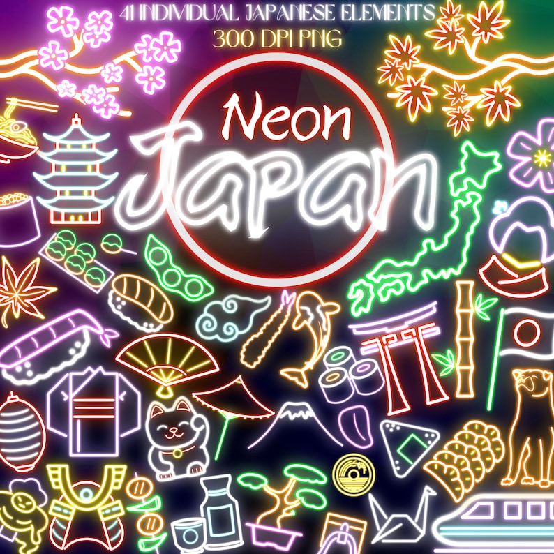 Neon Japan Clipart PNG Travel Digital Stickers Download Glowing Sakura ...