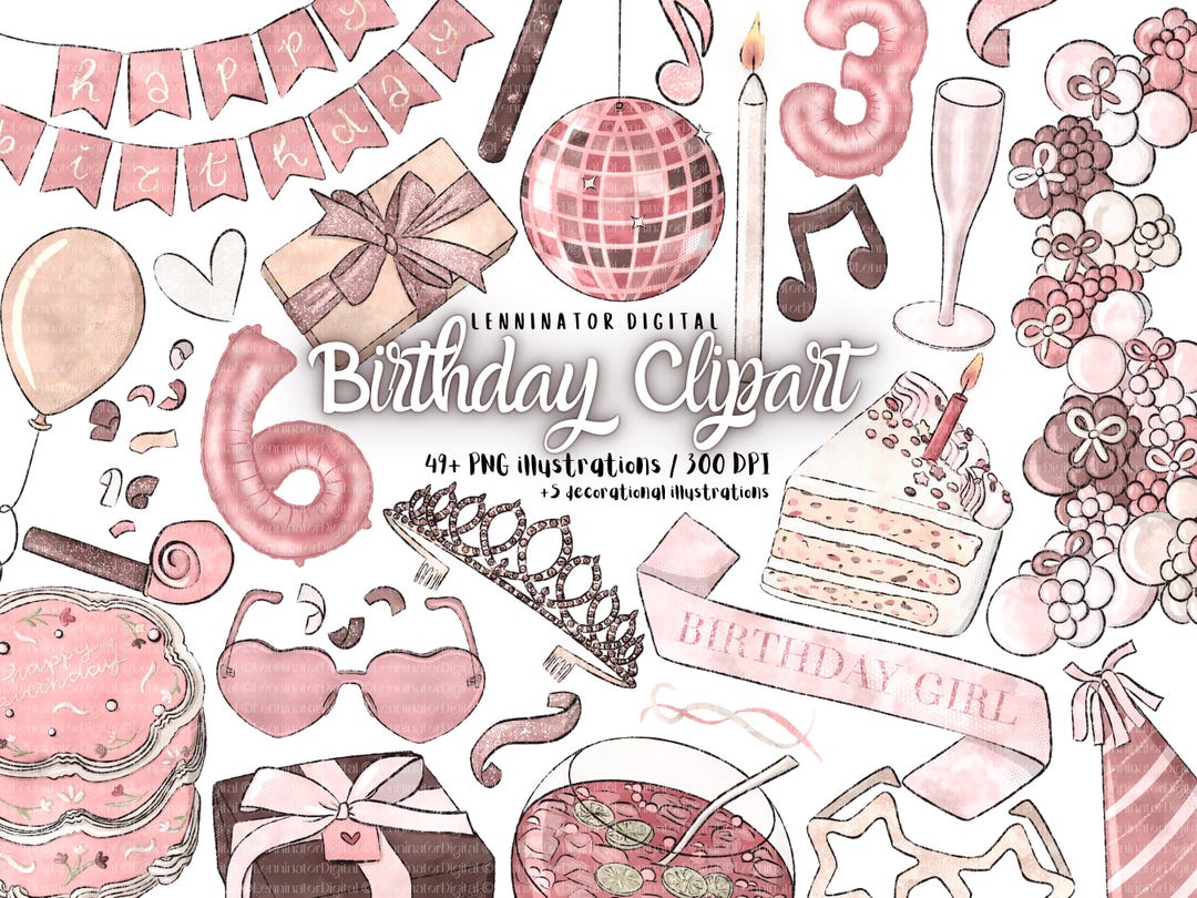 Watercolor Birthday Party Clipart: Hand-drawn Cake, Balloons and ...