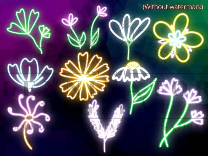 Neon Flower Clipart Set PNG Glowing Floral Planner Icon Illustrations ...