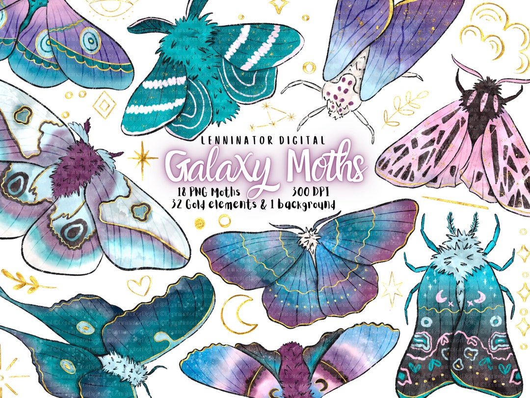 Galaxy Moths Clipart - Hand Drawn PNG Watercolor Butterfly Stickers ...