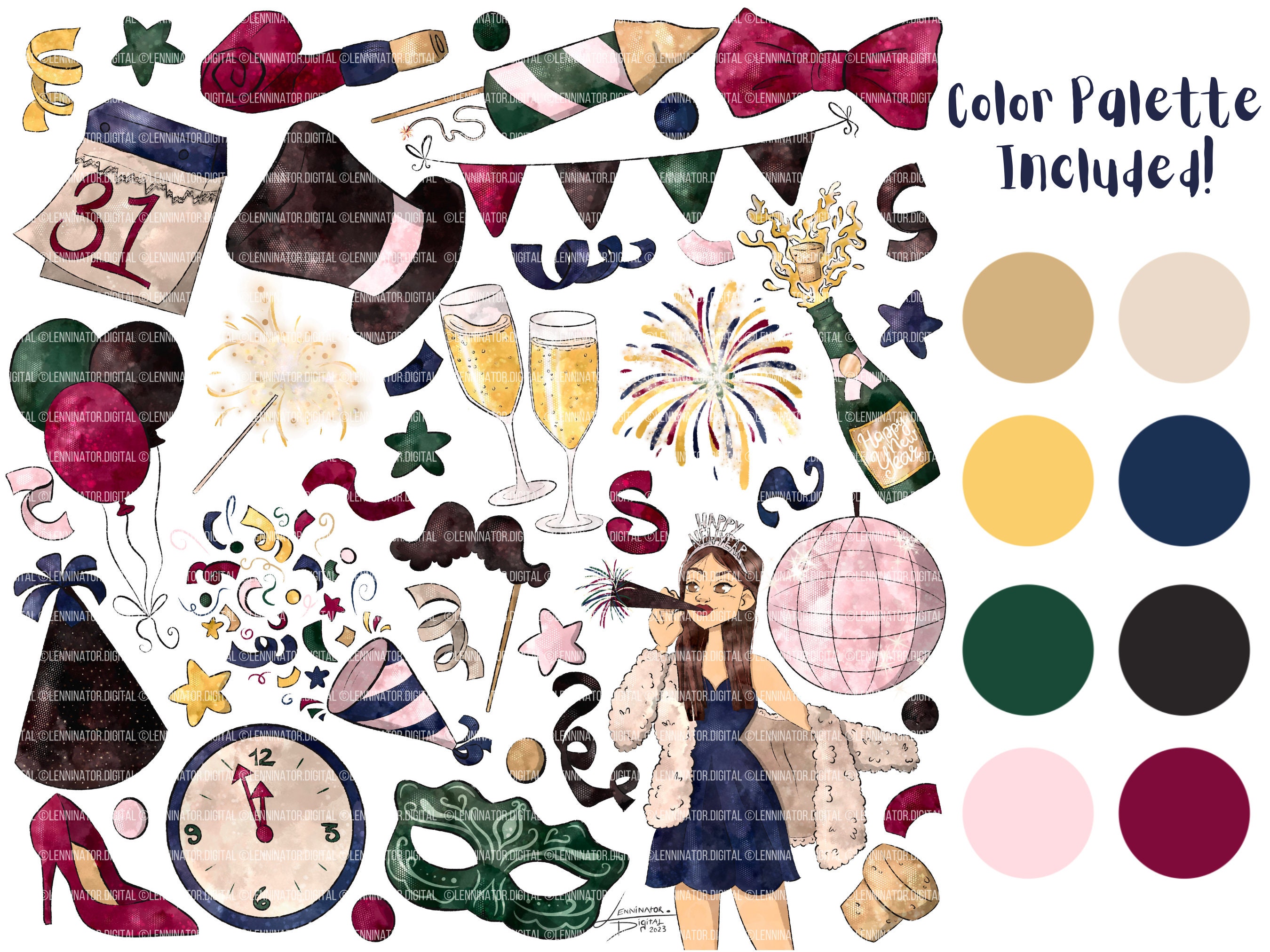 Watercolor New Years Clipart Digital PNG NYE Invitation Planner ...
