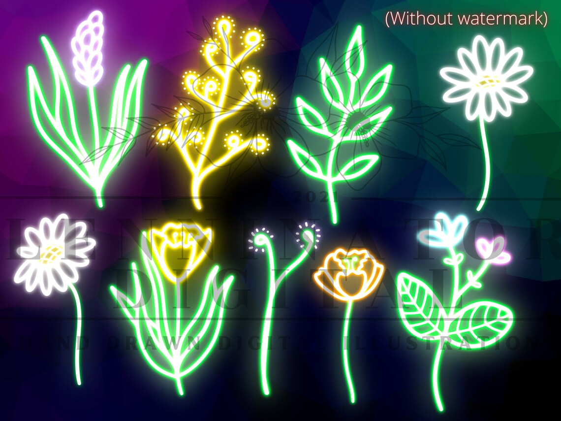Neon Flower Clipart Set PNG, Glowing Floral Planner Icon Illustrations ...