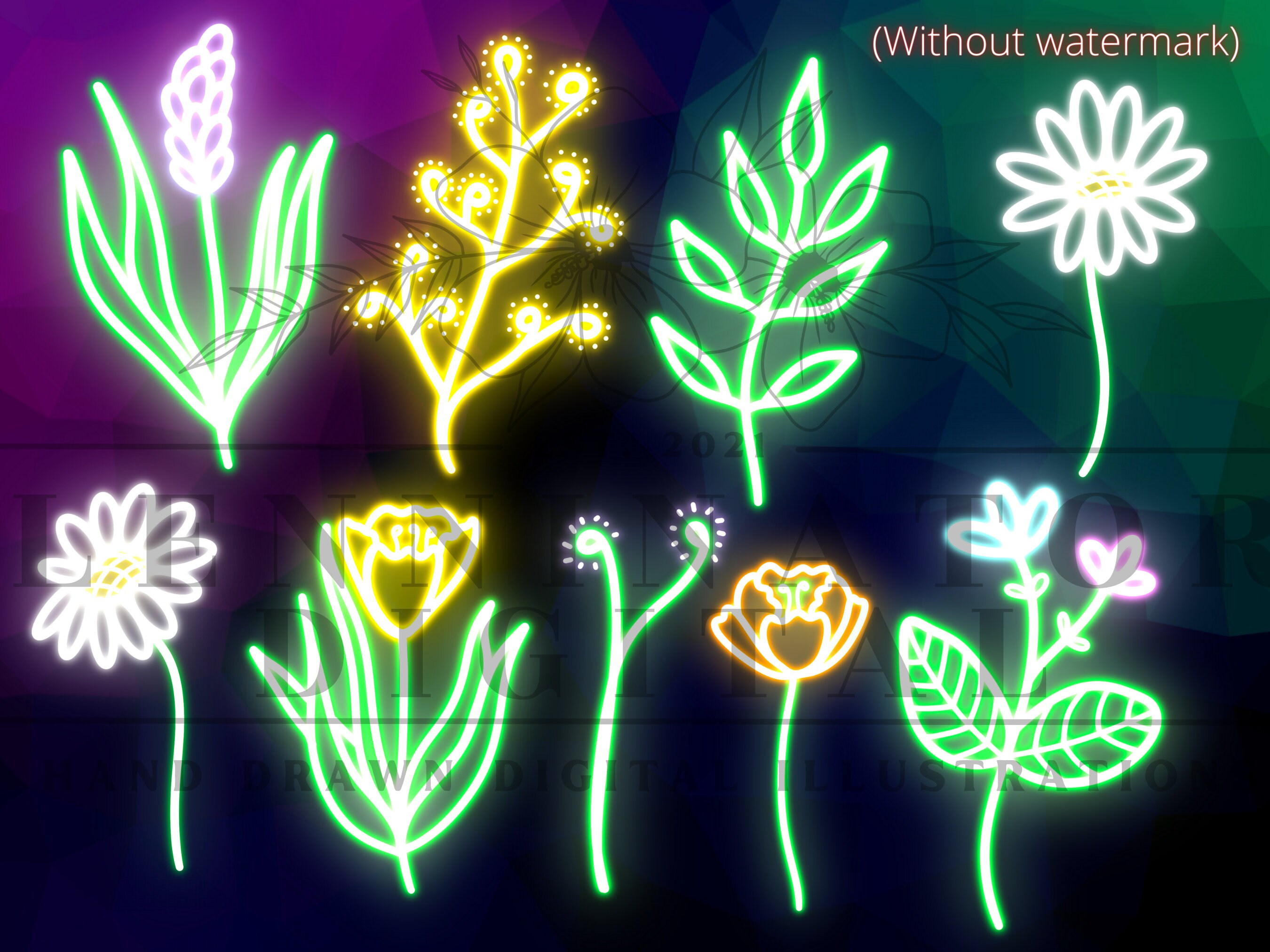 Neon Flower Clipart Set PNG Glowing Floral Planner Icon Illustrations ...