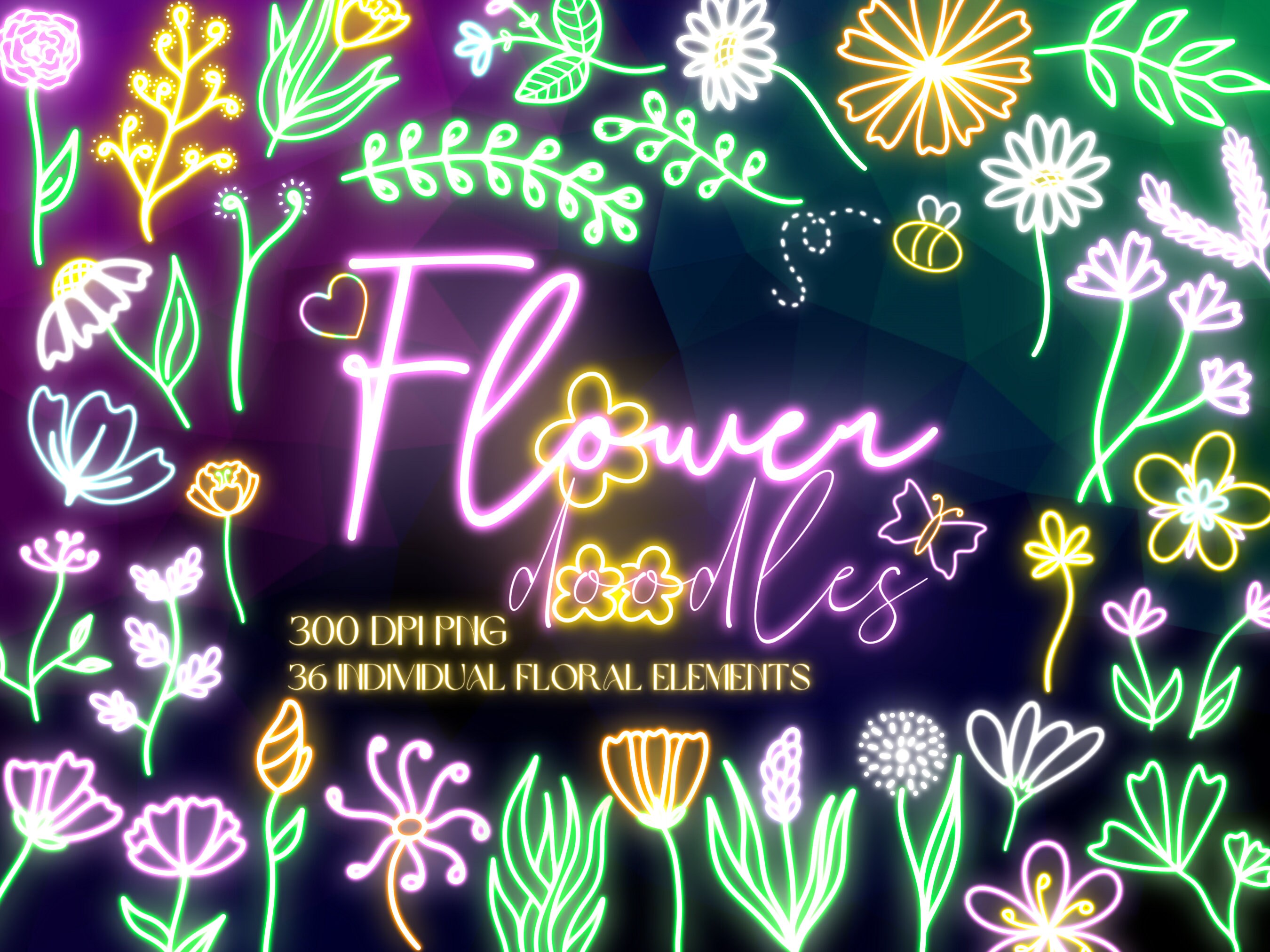 Neon Flower Clipart Set PNG Glowing Floral Planner Icon Illustrations ...