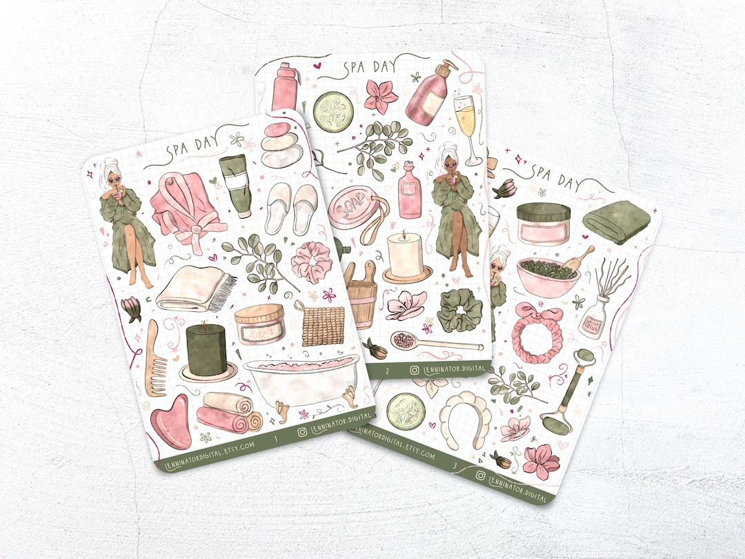 Spa Day Sticker Sheets - Cute Hand Made Wellness Scrapbook Stickers ...