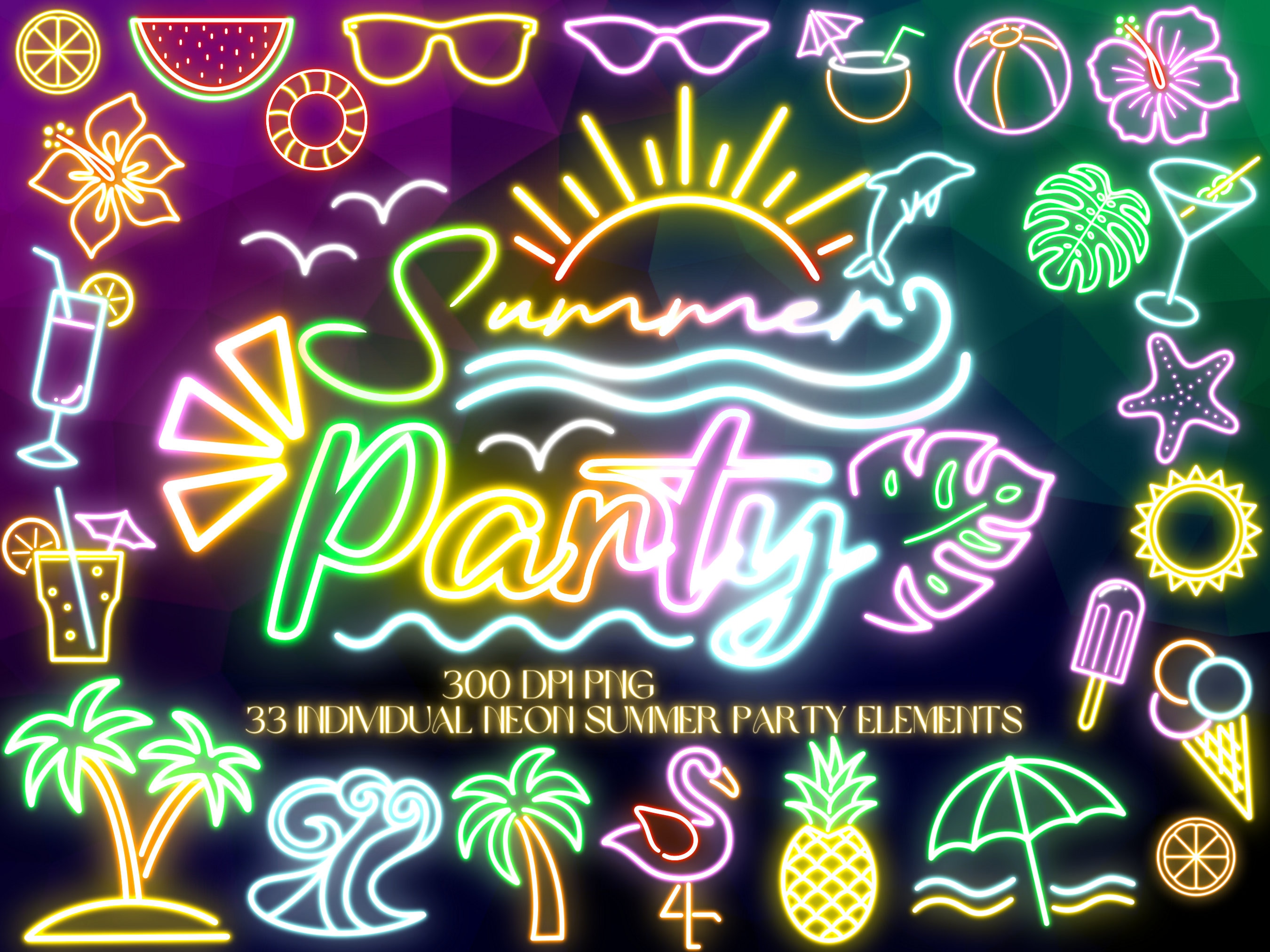 Neon Summer Tropical Party Clipart Bundle Retro Party Digital Download ...