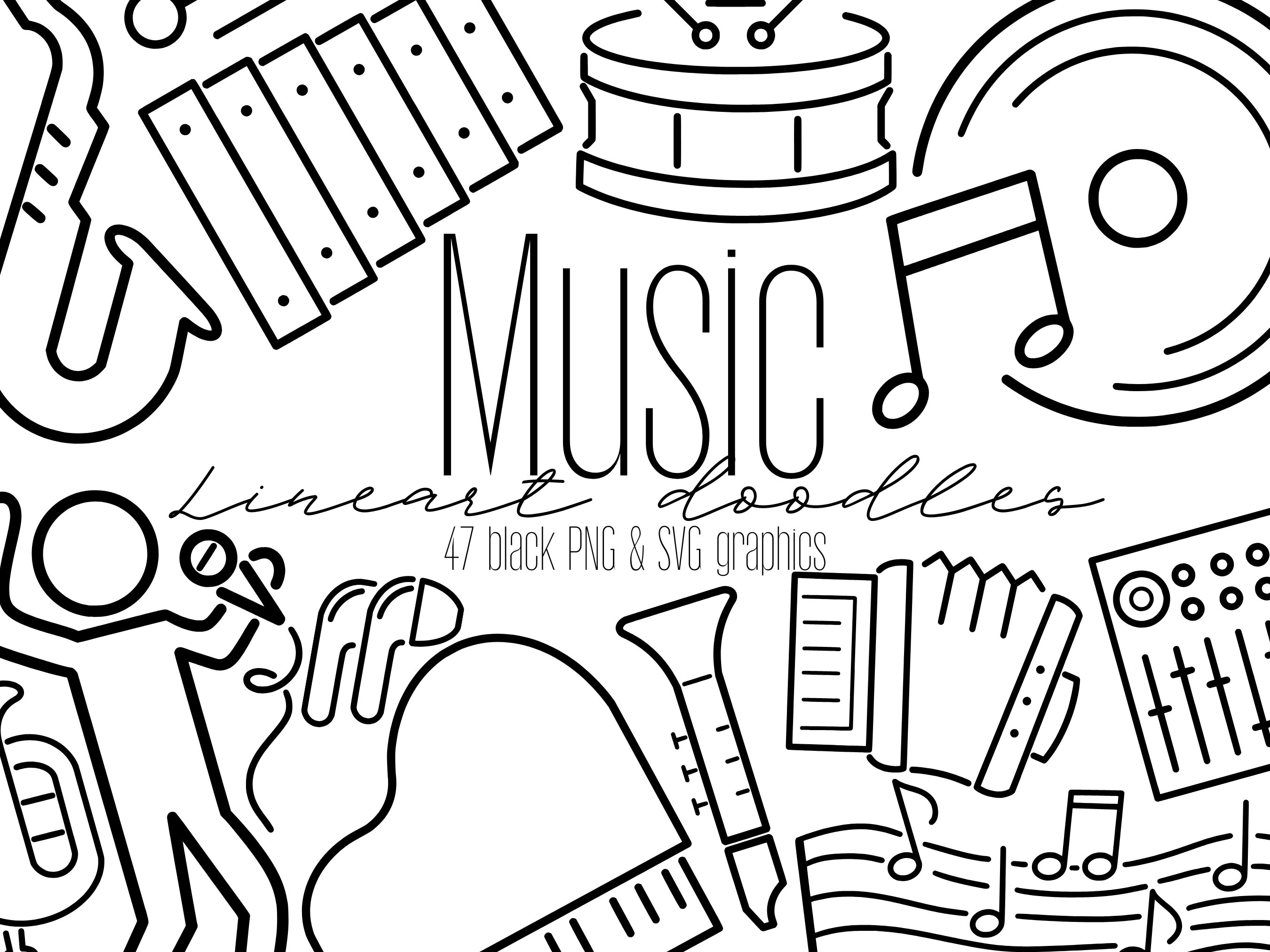 Simple Music Doodles Clipart SVG and PNG Musical Outline Illustration ...
