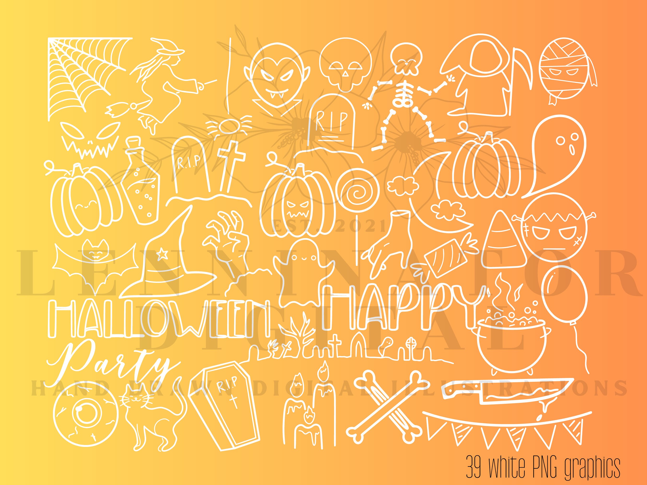 Halloween PNG SVG Doodle Clipart Set, Simple Black and White Halloween ...