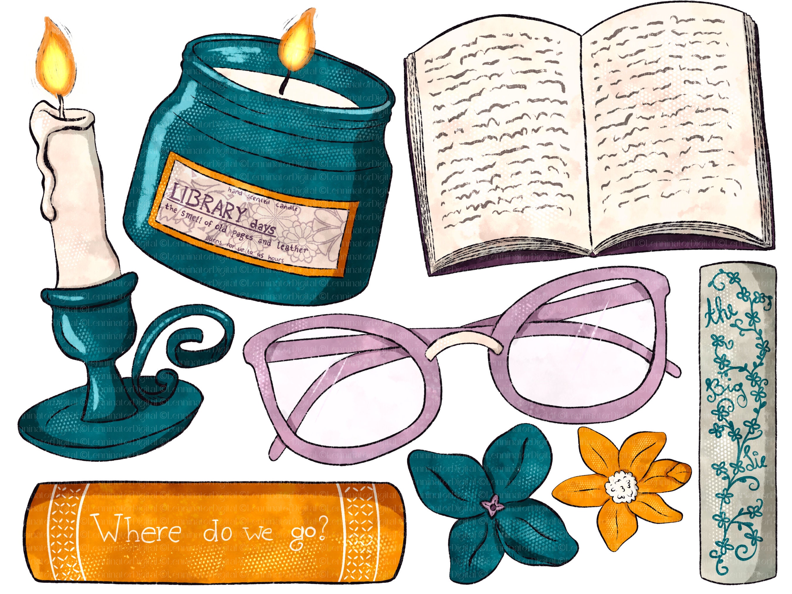 Watercolor Book Lover Clipart Hand Drawn PNG Vintage Books Cozy Library ...