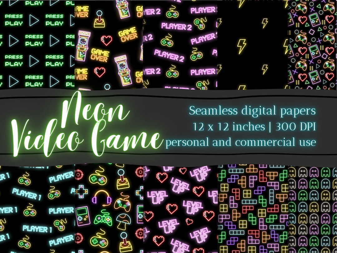 Retro Neon Video Game Digital Paper Set | Glowing Background | Nineties ...