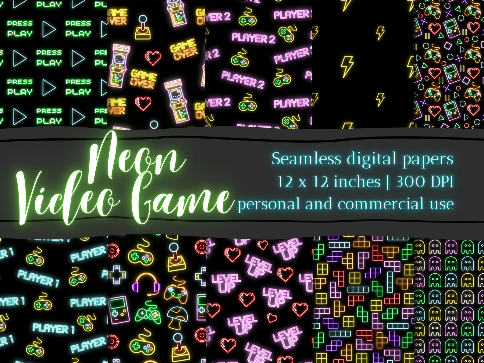 Retro Neon Video Game Digital Paper Set | Glowing Background | Nineties ...