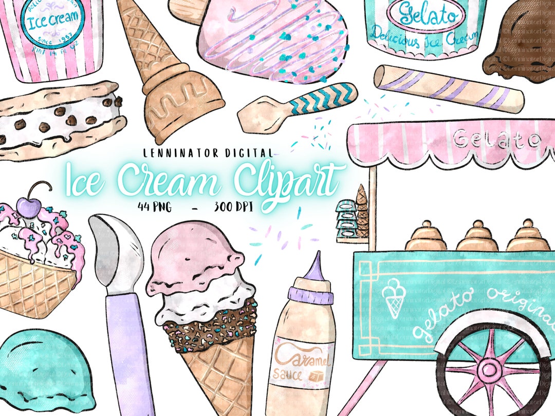 Watercolor Ice Cream Clipart - Hand Drawn Digital PNG Italian Gelato ...