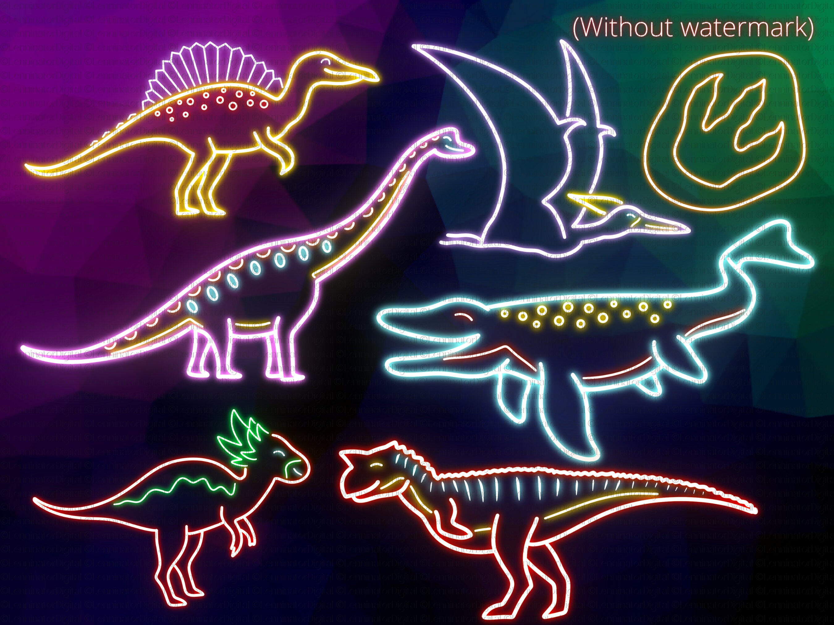 Neon Dinosaur Clipart PNG - Jurassic Dino Doodle Stickers - Glowing ...