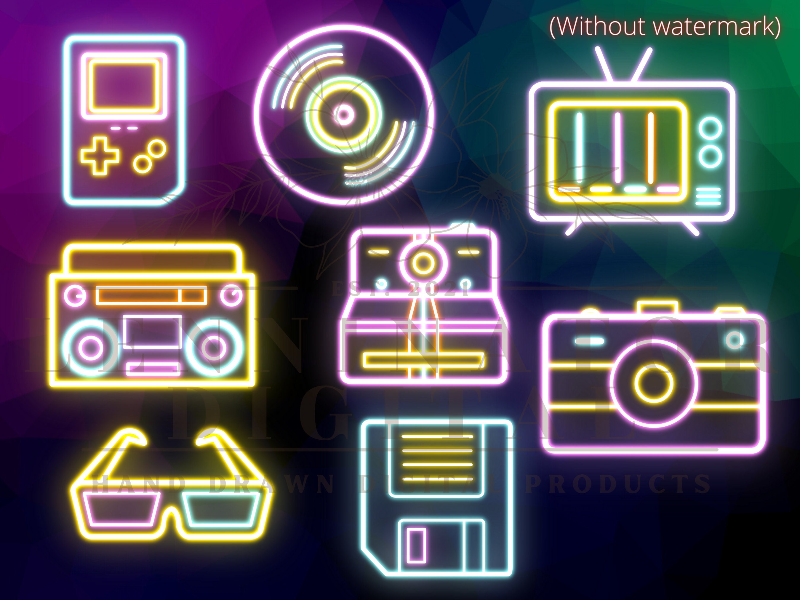 Retro 80s 90s Neon Clipart Bundle PNG Digital Download, Nostalgic Toys ...