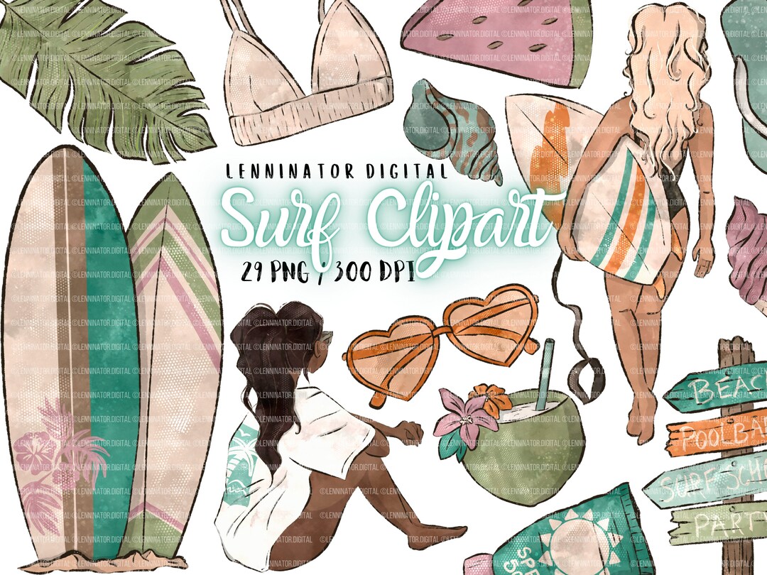 Surfer Girl PNG Clipart Set - Hand Drawn Pastel Watercolor Texture ...