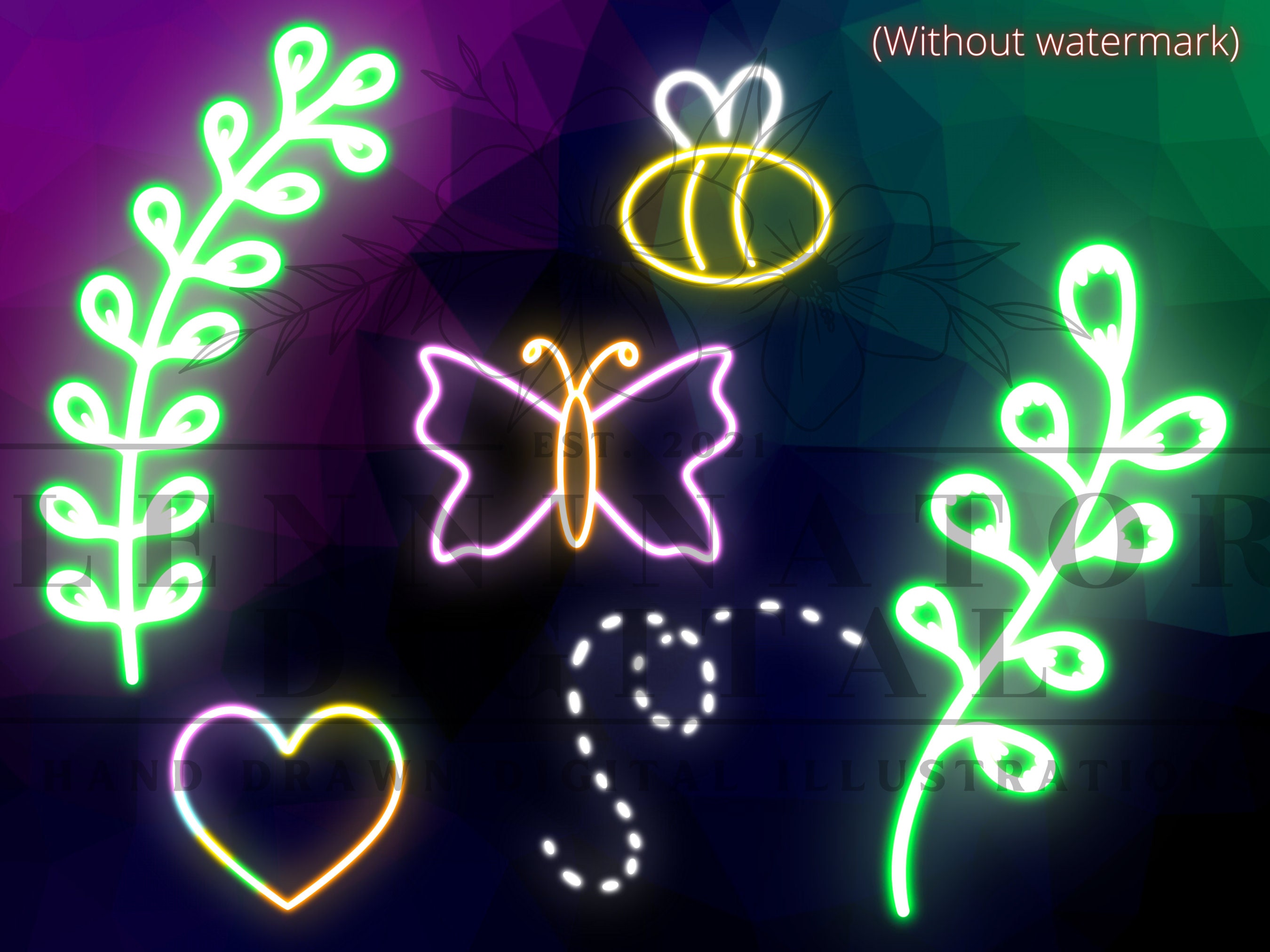 Neon Flower Clipart Set PNG Glowing Floral Planner Icon Illustrations ...