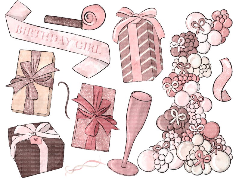 Watercolor Birthday Party Clipart: Hand-drawn Cake, Balloons and ...