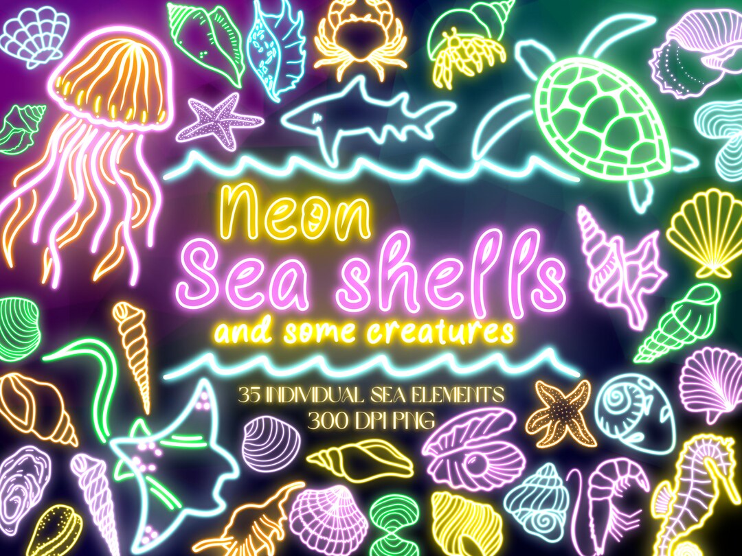 Neon Ocean Doodle Clipart - PNG Digital Download - Retro Glowing Summer ...