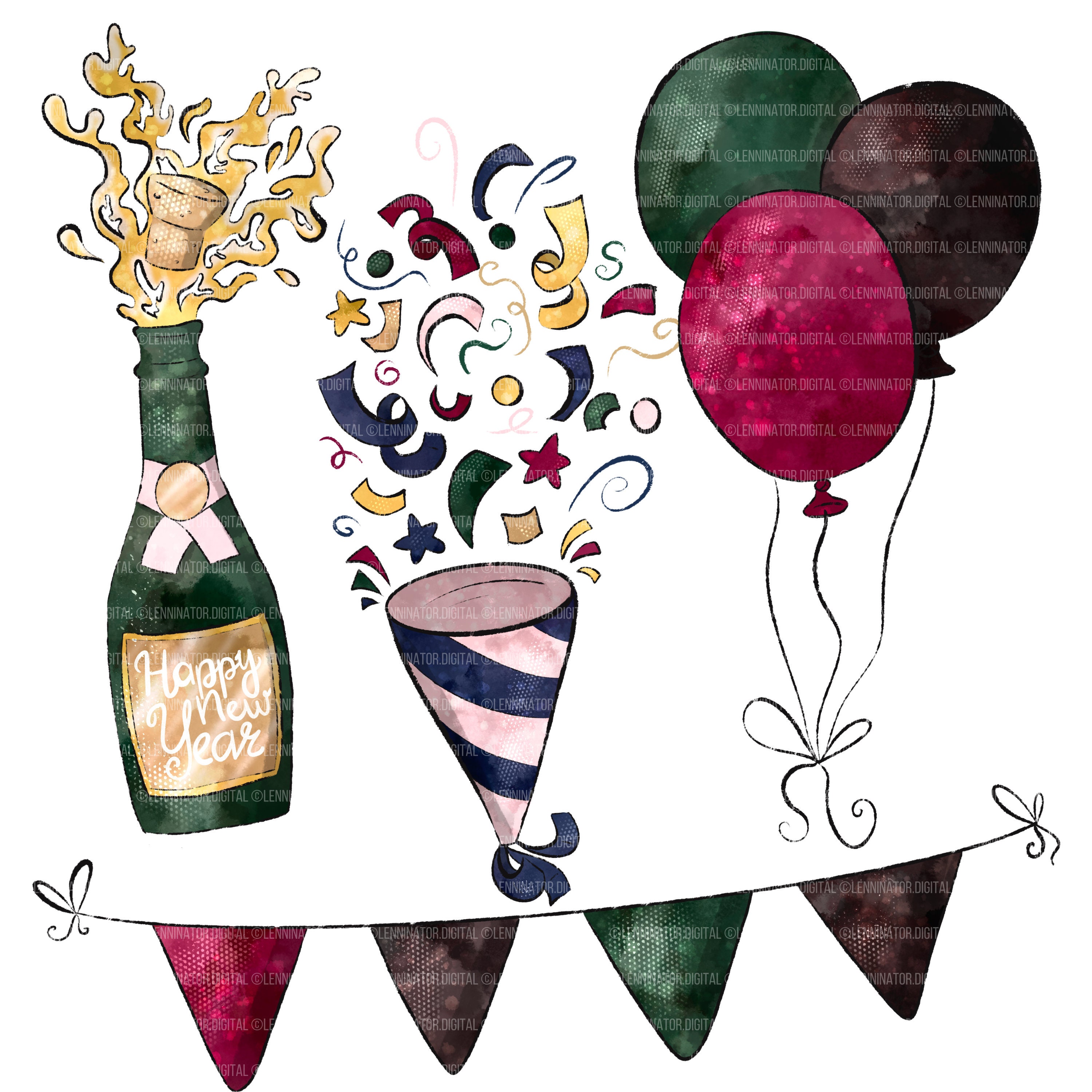 Watercolor New Years Clipart Digital PNG NYE Invitation Planner ...