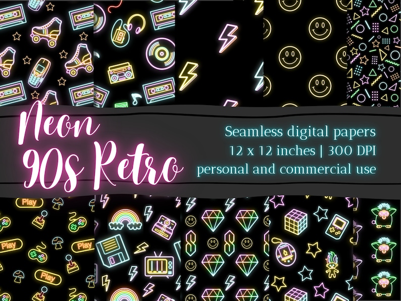 Retro Nostalgic 90's Neon Digital Paper Set, Eighties Ninteties Glowing ...