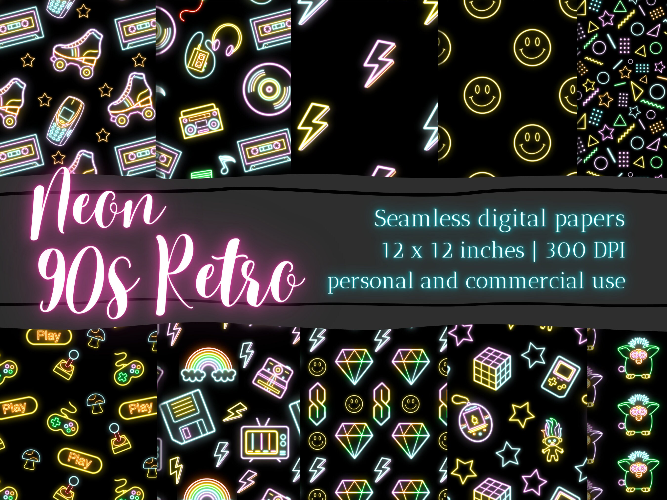 Retro Nostalgic 90's Neon Digital Paper Set, Eighties Ninteties Glowing ...