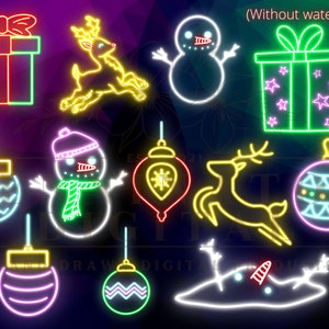 Neon Christmas Clipart Bundle, Hand Drawn Glowing Winter Holiday ...