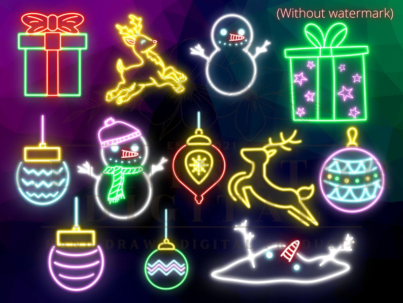 Neon Christmas Clipart Bundle, Hand Drawn Glowing Winter Holiday ...