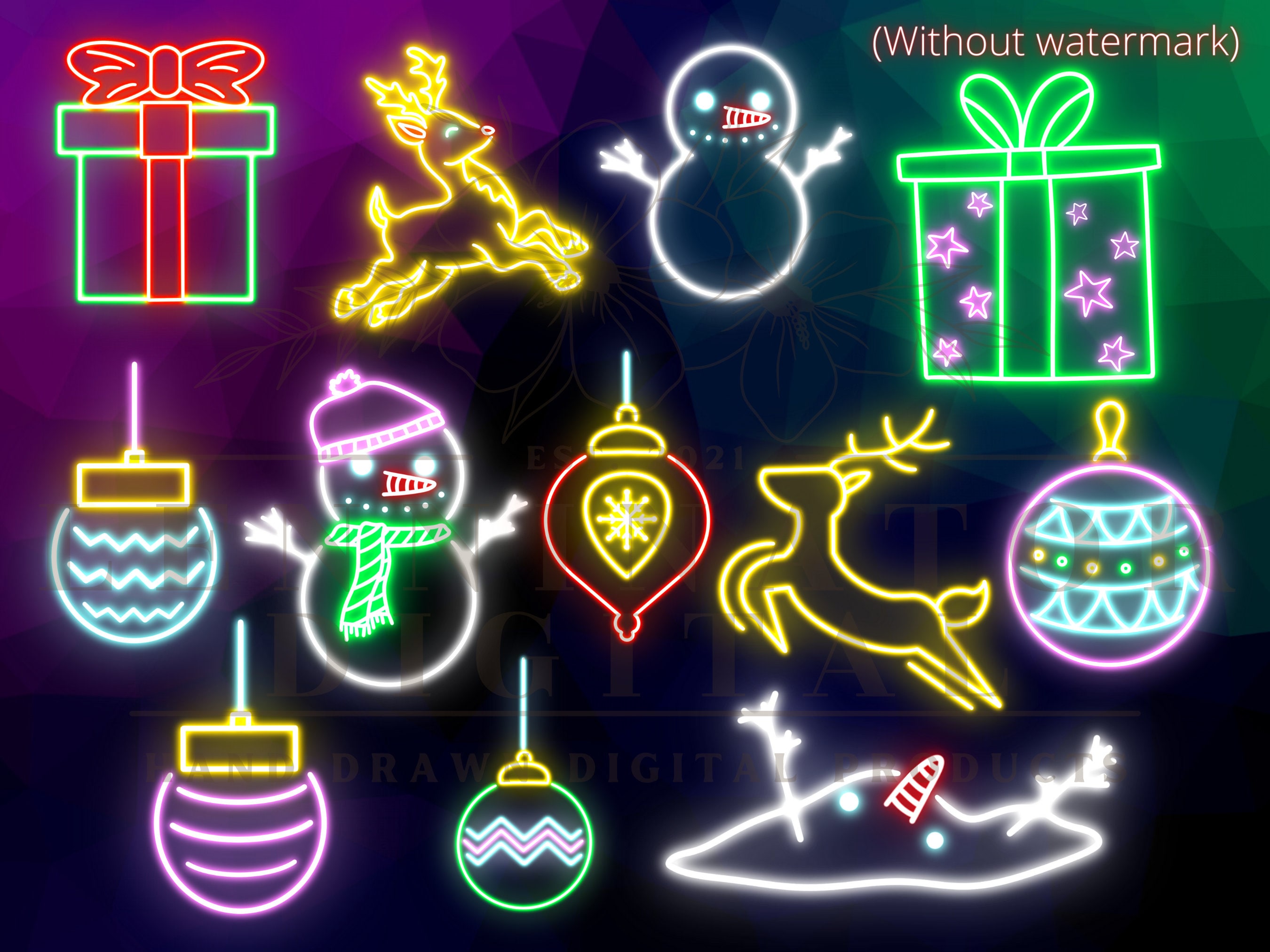 Neon Christmas Clipart Bundle, Hand Drawn Glowing Winter Holiday ...